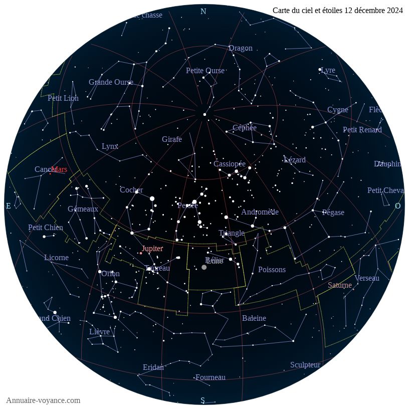 Carte du ciel du 12 décembre 2024 carte des étoiles du 12 12 2024