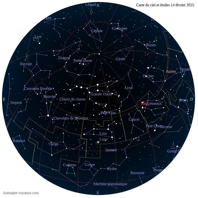 Carte du ciel du 14 février 2025 carte des étoiles du 14 2 2025
