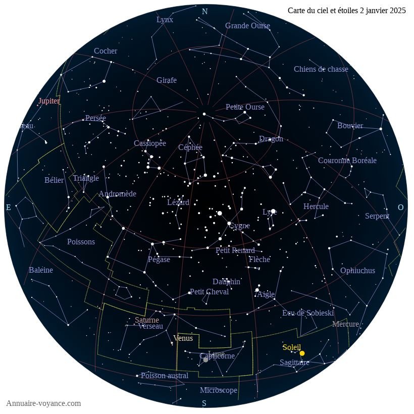 Carte du ciel du 2 janvier 2025 carte des étoiles du 2 1 2025