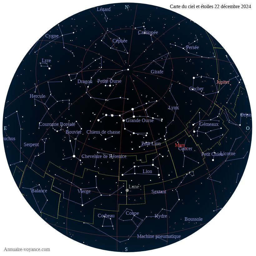 Carte du ciel du 22 décembre 2024 carte des étoiles du 22 12 2024