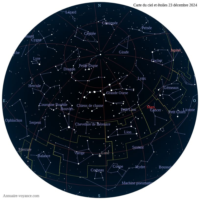Carte du ciel du 23 décembre 2024 carte des étoiles du 23 12 2024