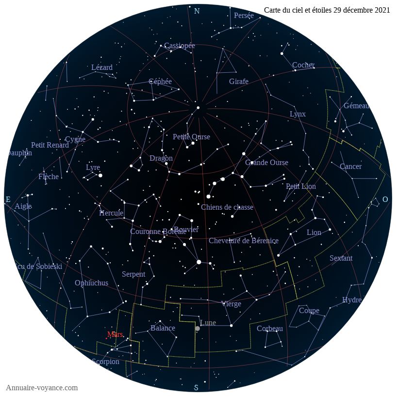Carte du ciel du 29 décembre 2021 carte des étoiles du 29 12 2021