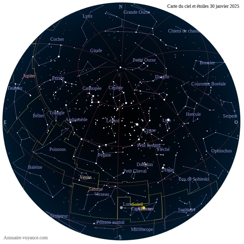Carte du ciel du 30 janvier 2025 carte des étoiles du 30 1 2025