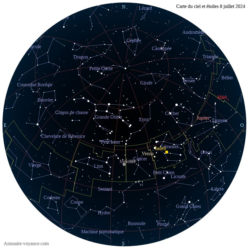 Carte du ciel du 8 juillet 2024 carte des étoiles du 8 7 2024